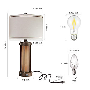 RORIA Set of 2 Farmhouse Table Lamps for Living Room with 2 USB Ports, Vintage Rustic Nightstand Lamps with Amber Glass Nightlight, Retro Desk Lamps for Bedroom Entryway, 4 Bulbs Included (Brown)