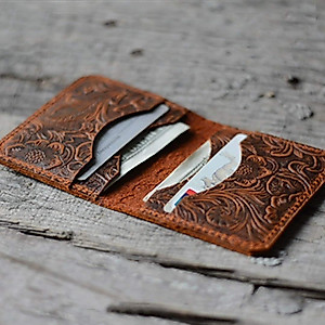 JJNUSA Handmade Distressed Men's Minimalist Leather Wallet Card Holder Wallets for Gifts Brown Flower style2