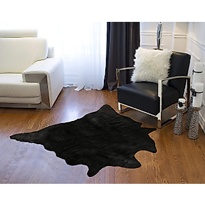 Luxe Faux Cowhide Rug for Rustic and Western Decor | Low Pile Faux Fur Rug with Black Cow Print | Cruelty-Free Fade Resistant Living Room Rugs | 4-1/4 x 5 ft