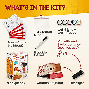 kipod Wooden Art Tracing Projector Drawing Kit for Kids with Washi Tape Wall Decor Stickers. Draw, Project and Trace DIY GrafiTape Toy. Cool Art and Craft Gift Ideas for Girls and Boys Ages 6-12