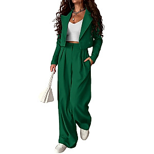 PRETTYGARDEN Women's 2 Piece Casual Outfits Cropped Blazer Jackets High Waisted Wide Leg Work Pants Suit Set (Green,Large)