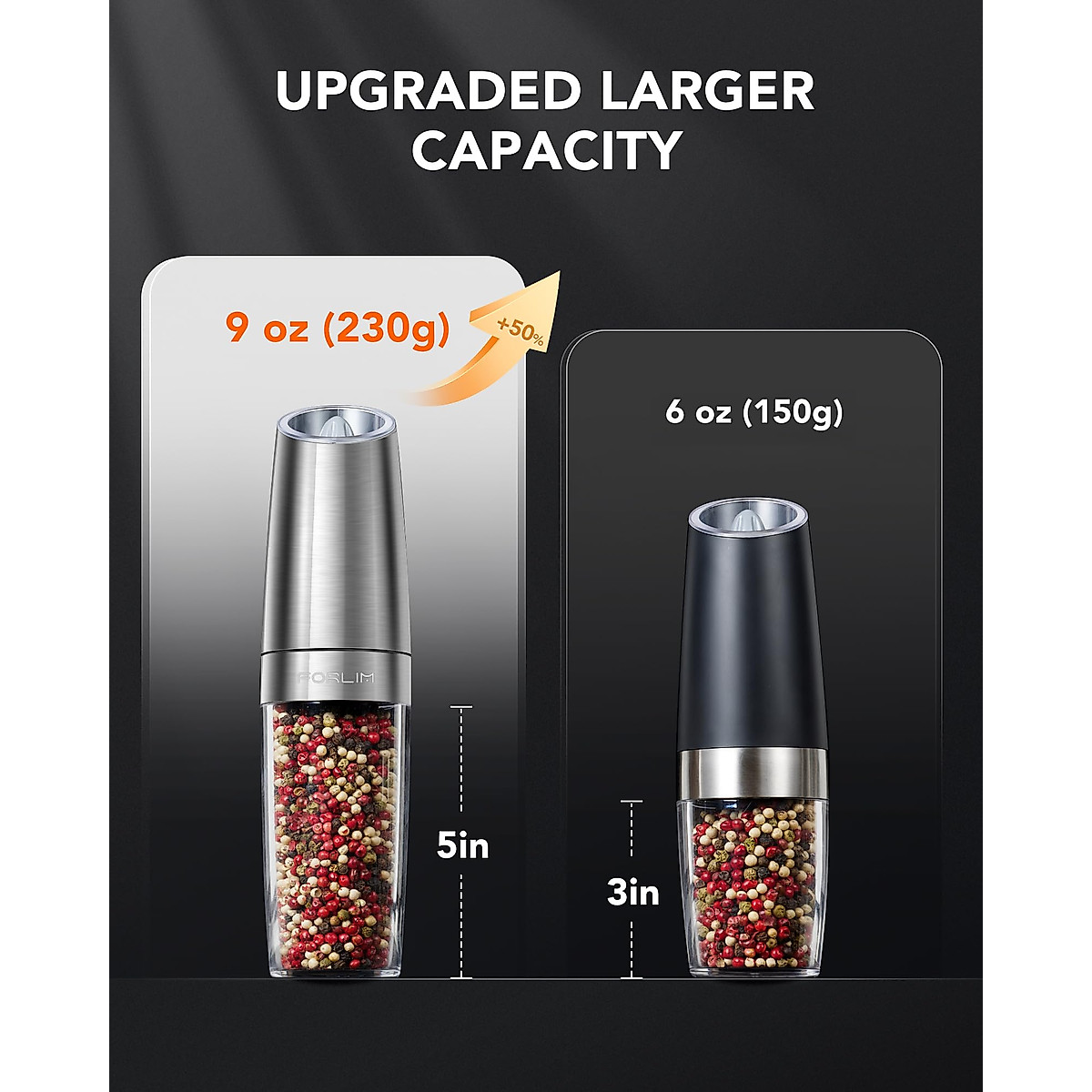 FORLIM Electric Salt and Pepper Grinder Set, Upgraded 9 Oz Large Capacity, Battery Operated Automatic Pepper Grinder Set, Easy to Fill, One Hand Operation, Stainless Steel(Silver)