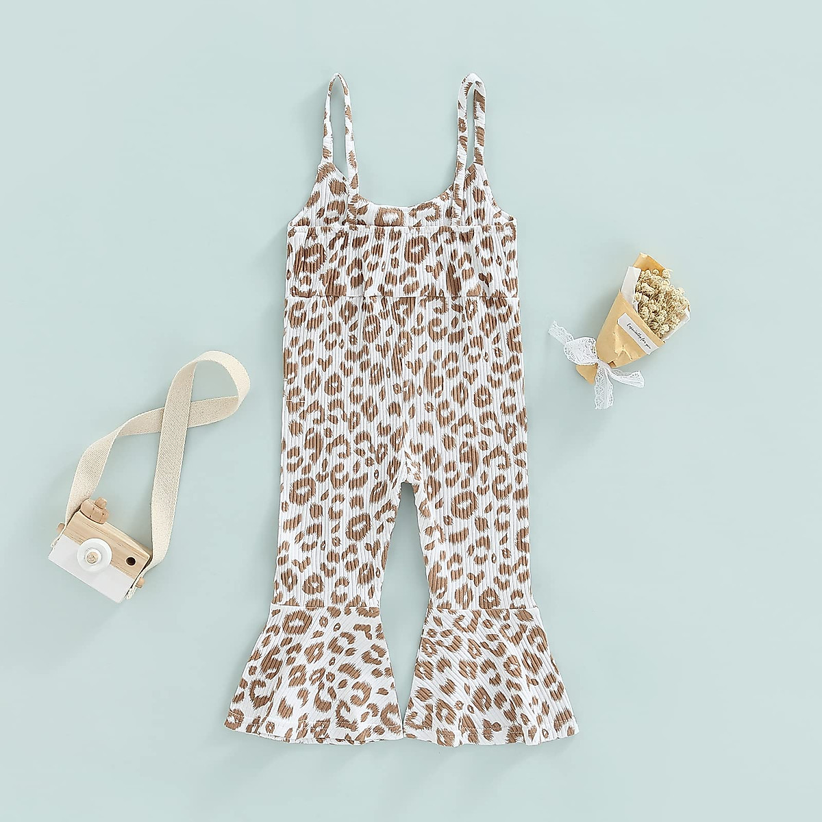 brilliantme Toddler Girl Bell Bottom Romper Baby Leopard One Piece Ribbed Cotton Jumpsuit Flare Pants Overalls Playsuit Summer Clothes (B# Leopard-White Brown, 6-12 Months)