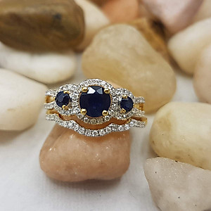 Dazzlingrock Collection Round Blue Sapphire & White Diamond Ladies 3 Stone Halo Wedding Ring Set 10K Yellow Gold, Size 5.5