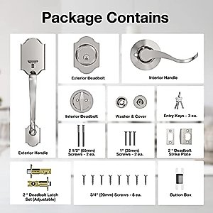Brightify Satin Nickel Front Door Handle, Satin Nickel Door Handle with Door Lever, Modern Front Door Handle Set, Adjustable Deadbolt Lock Set with Single Cylinder, Reversible for Right&Left