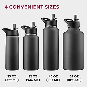 FineDine Triple Walled, Insulated Water Bottles with Straw - 40 Oz Stainless Steel Metal Bottle W/ 3 Leak Proof Lids - For Travel, School, Sports, Gym/Men, Women & Kids - Inky Raven Black