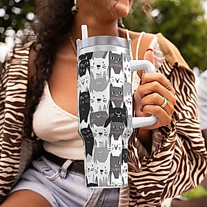 deaokluy 40 OZ Cute Cat Ice Bully Cup with Handle Straw Lid, Double Wall Stainless Steel Tumbler Travel Coffee Cup, Cartoon Insulation and Cooling Cup for Christmas Birthday Present