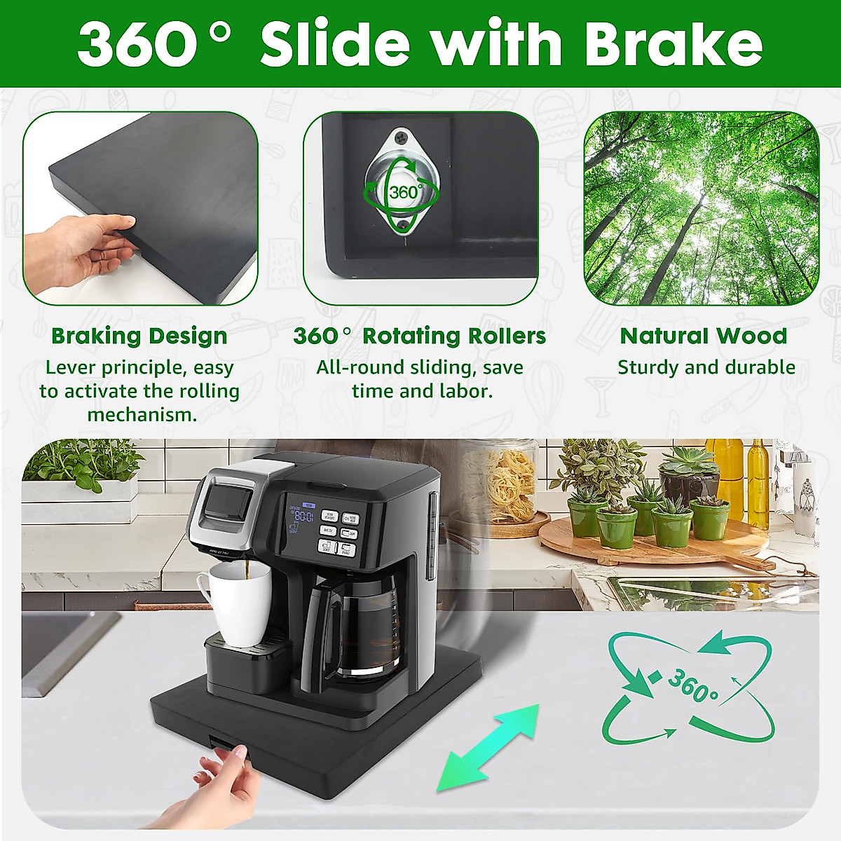 Sliding Tray for Coffee Maker - Appliance Slider 360° Rolling Tray With Wheels & Brake for Kitchen Countertop, Sliding Pull Out Mat for Ninja Air Fryer Coffee Pot Under the Cabinet (14"W ×17"D) Black