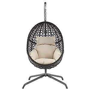 Crosley Furniture Calliope Wicker Indoor Outdoor Hanging Egg Chair with Stand for Patio, Porch, Deck, Sand