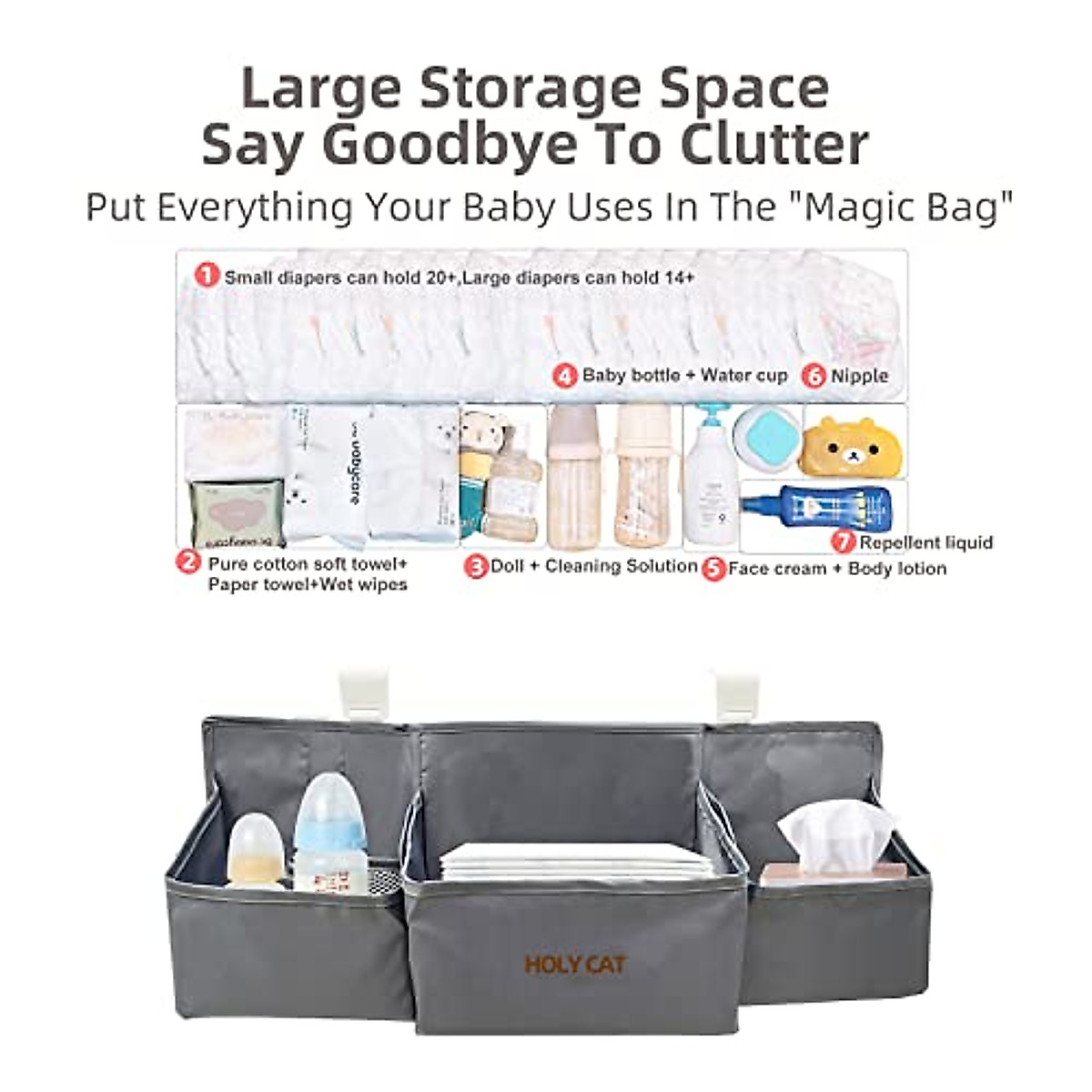 Holy Cat Hanging Baby Diaper Caddy Organizer with Paper Pocket for Changing Table Crib Playard Organization Nursery Organization Hanging Nursery-Grey…