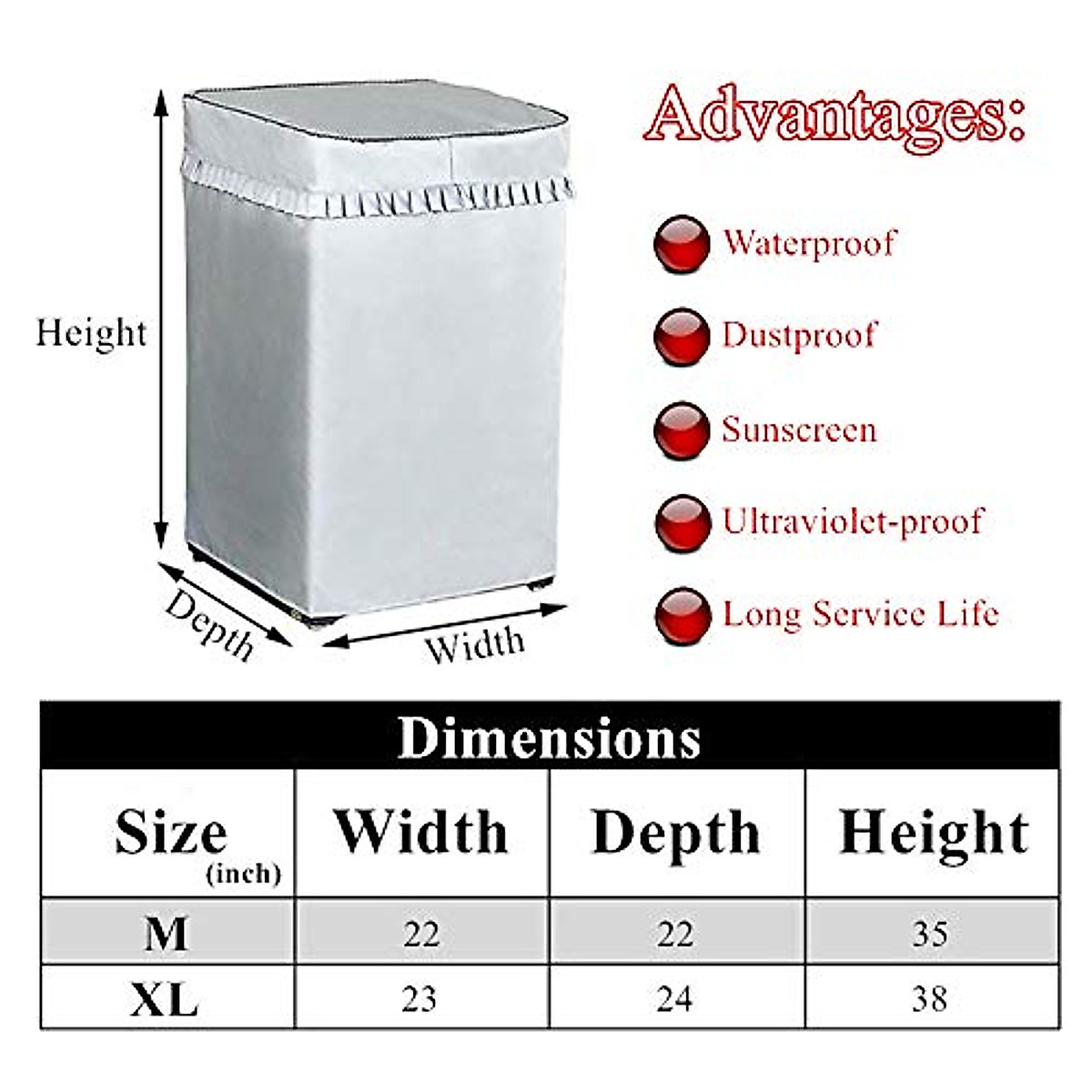 Washing Machine Cover for Top Load Washing Machine Protector Washer Dryer Covers for Automatic Compact Washer Top Loading Balcony Lavadora Waterproof Dustproof Sunproof Oxford (M(W22D22H36in))