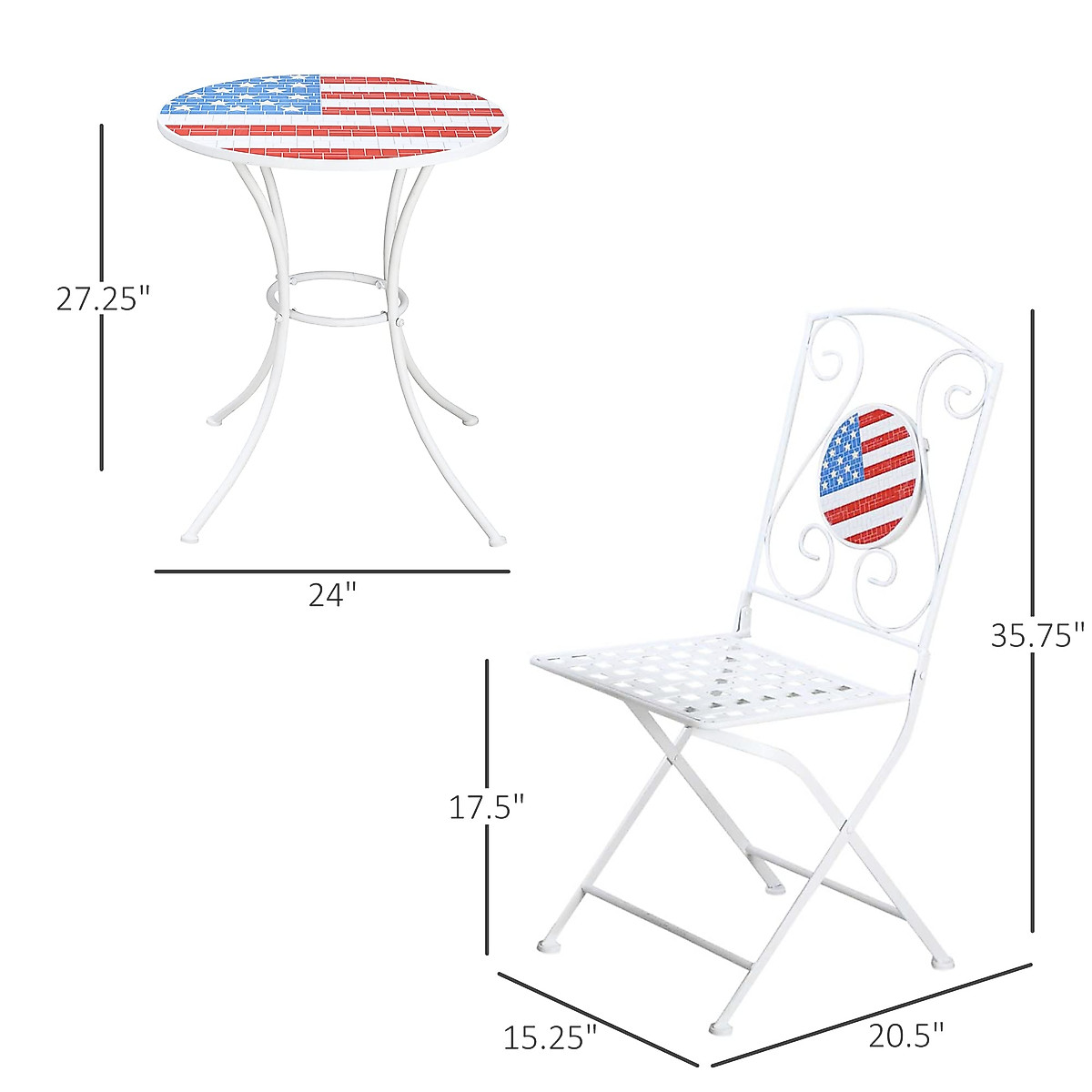 Outsunny 3 Piece Patio Bistro Set, Folding Outdoor Furniture with USA Mosaic Table and Chairs, Portable Metal Frames for 4th of July, Balcony, Backyard, Poolside, Porch, American Flag