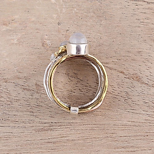 NOVICA Artisan Handmade Rainbow Moonstone Cocktail Ring Mixed Metals Floral from India Copper Sterling Silver Brass Clear Multi Gemstone [ring Front 0.8 in L x 0.8 in W x 0.3 in H Band Width 10 mm W]