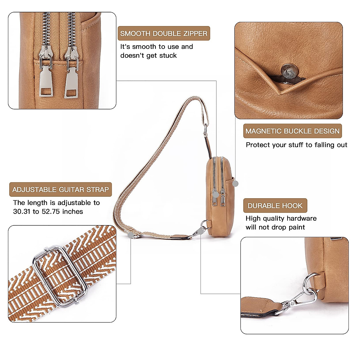 Telena Sling Bag for Women Vegan Leather Fanny Pack Crossbody Bags for Women Camel Brown