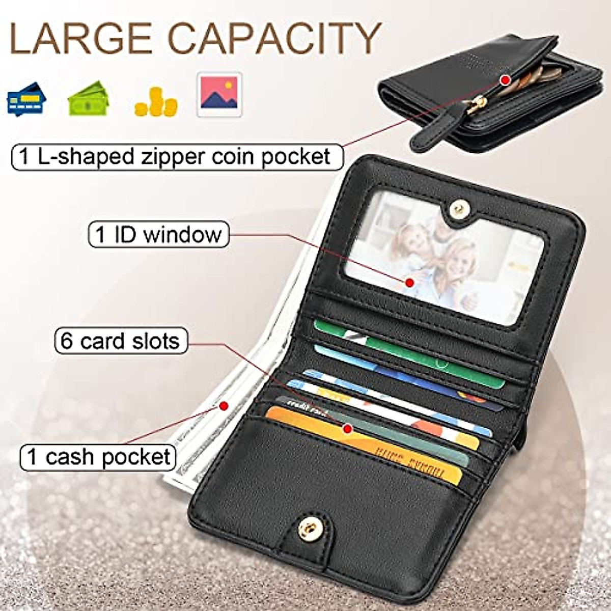 APHISON Womens Wallet, RFID Wallet Women Sequin Line Vegan Leather Slim Bifold Compact Small Wallet for Women with ID Credit Card Holder Zipper Coin Pocket Wallet Black