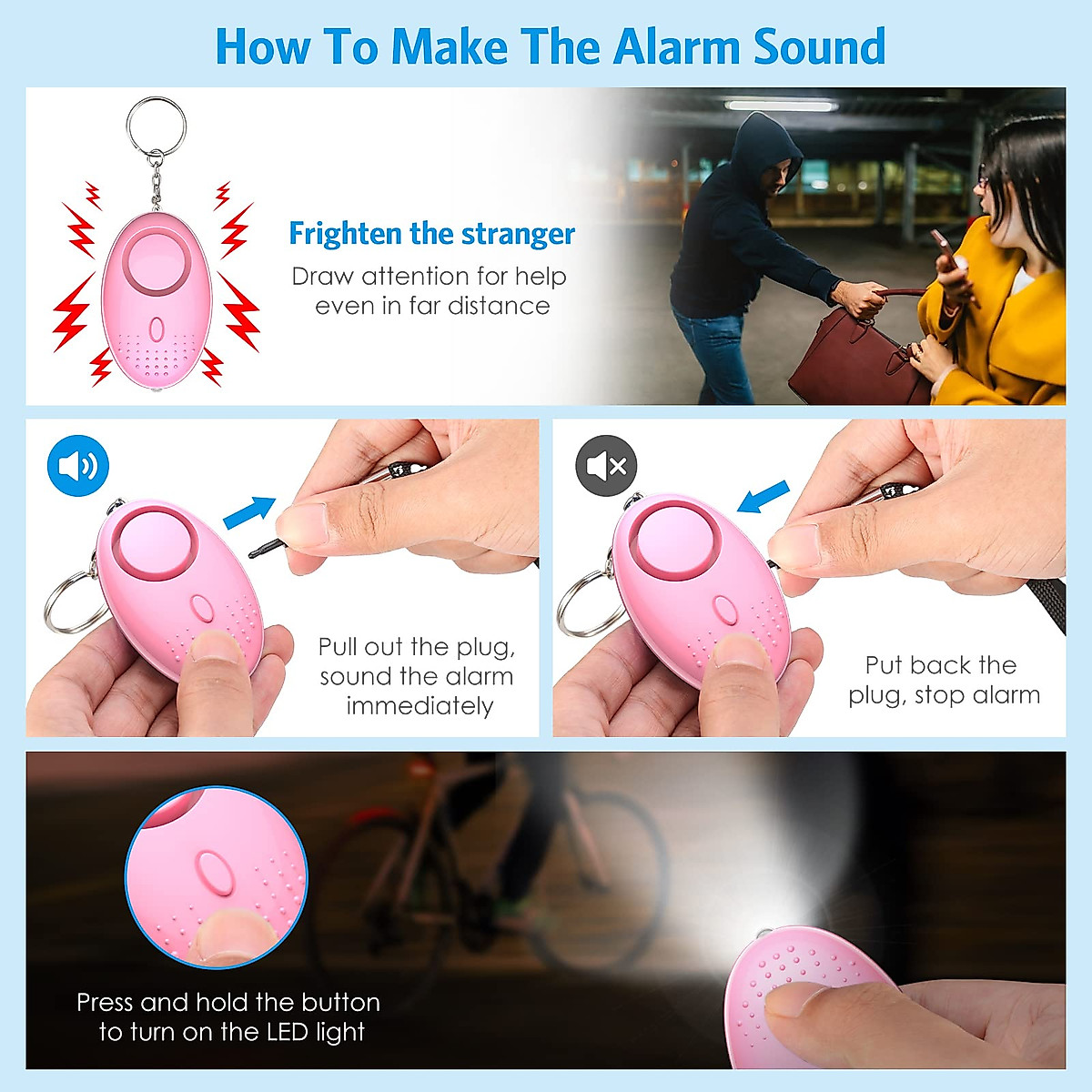 Safety Keychain Set for Women and Kids, 10 Pcs Safety Keychain Accessories, Self Defense Keychain Set for Girls with Safe Sound Personal Alarm, No Touch Door Opener, Whistle and Pom, Pink