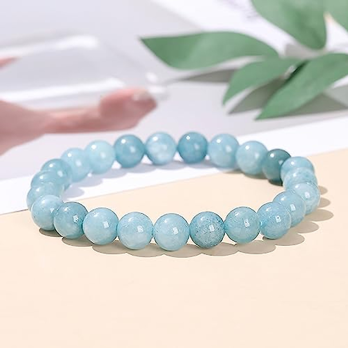 𝕲𝖗𝖊𝖞 𝖉𝖊𝖊𝖗 - Stunning Aquamarine Beaded Bracelets - Handmade Beaded Bracelets - Elegant Friendship Bracelet Crystals and Healing Stones - Perfect Gift for Men and Women - 8mm