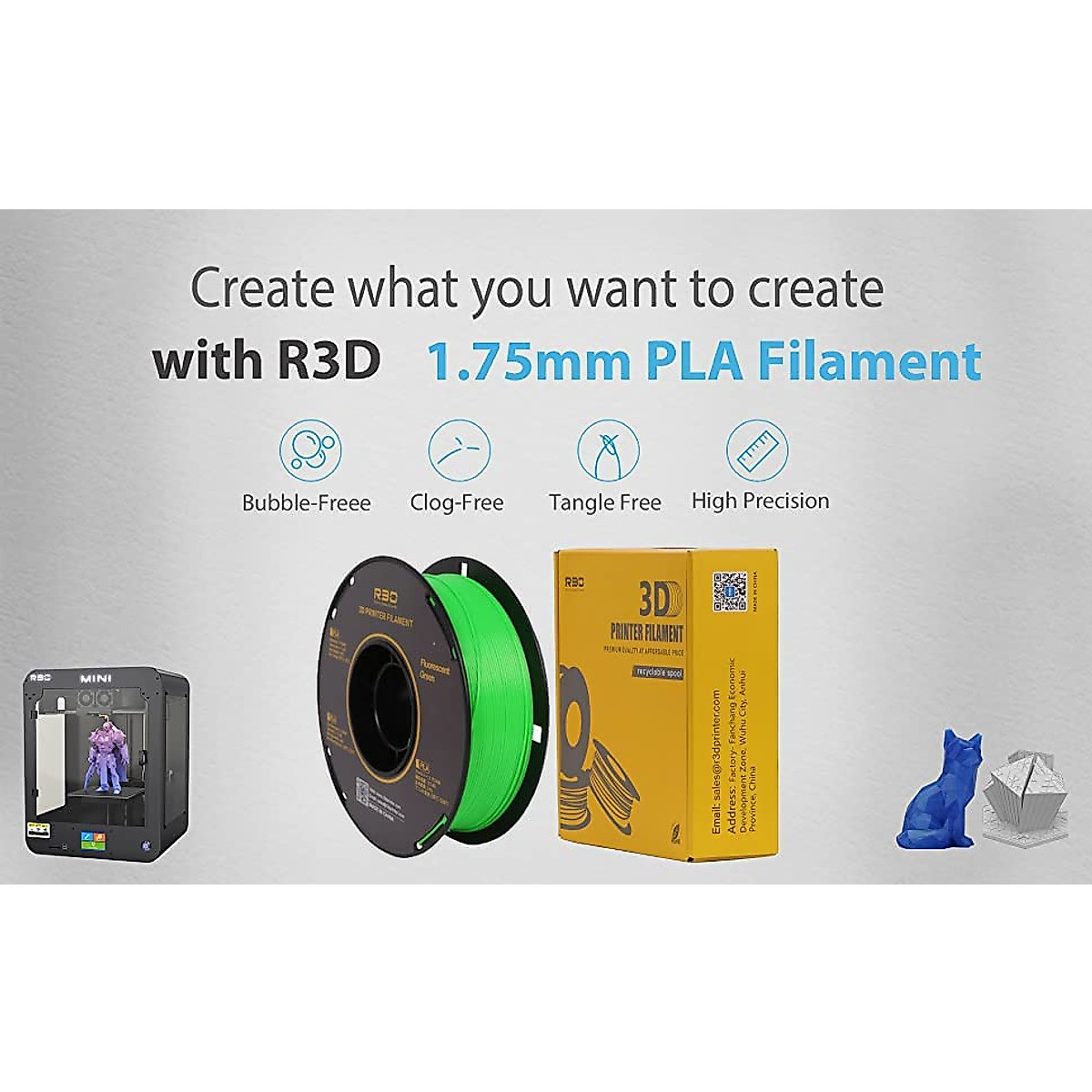 R3D PLA 3D Printer Filament,PLA Filament 1.75mm 1KG Spool (2.2lbs) Dimensional Accuracy +/- 0.03mm Fit Most FDM Printer(Fluorescent Green)