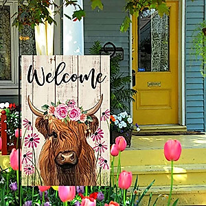 ORTIGIA Welcome Spring Highland Cow Garden Flag Burlap Double Sided Vertical 12x18 Inch Farmhouse Floral Cow Yard Decor Spring Summer Daisy Flowers Porch Flag Rustic Seasonal Outdoor Flag