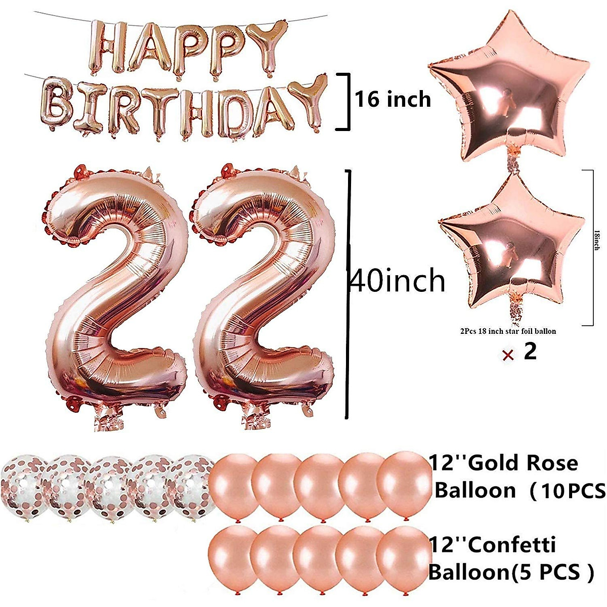 22nd Birthday Decorations Party Supplies, Jumbo Rose Gold Foil Balloons for Birthday Party Supplies,Anniversary Events Decorations and Graduation Decorations Sweet 22 Party,22nd Anniversary