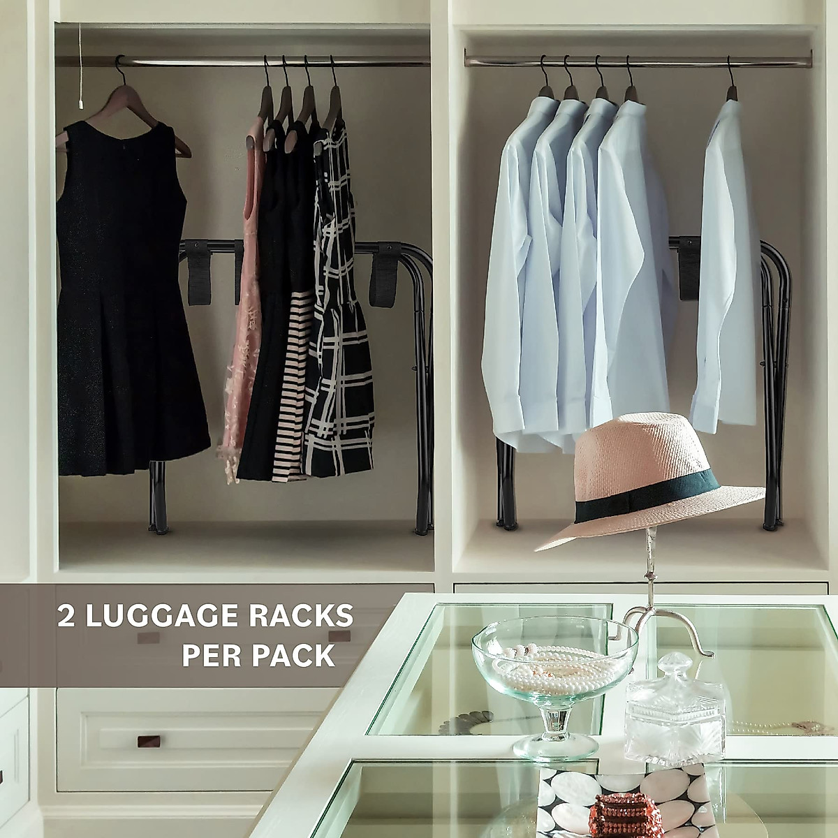 Bartnelli 2-Pack Folding Luggage Rack Collapsible Metal Suitcase Stand with Durable Black Nylon Straps- for Bedroom, Guest Room, or Hotel (Gray Steel)