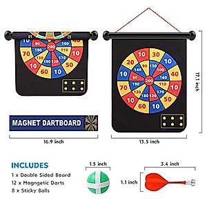 Magnetic Dart Board for Kids Adults with 12 Magnetic Darts and 8 Sticky Balls Reversible Rollup Kids Safe Dart Board Set for Boys Girls Easy Hanging Classic Dart Board Toys Indoor Outdoors Party Games