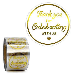 Gold Foil Thank You for Celebrating with Us Sticker Roll 500 Pcs Round Clear Wedding Stickers Glitter Seal Stickers Labels 1.5 Inch