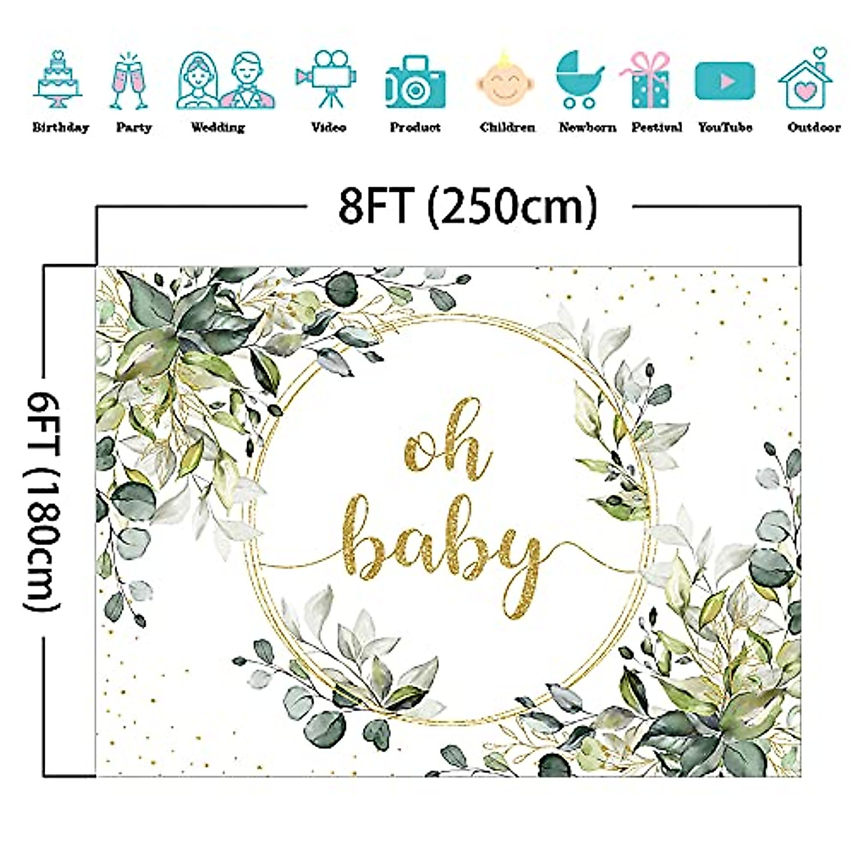 Mocsicka Greenery Baby Shower Backdrop Gold Oh Baby Background Green Eucalyptus Baby Shower Party Cake Table Decoration Banner Photo Booth Props (8x6ft)