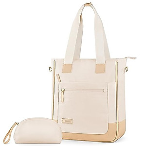 ETRONIK Tote Bag for Women, Canvas Tote Bag with Pockets, Compartments and Zipper for Work, School, Casual, Khaki
