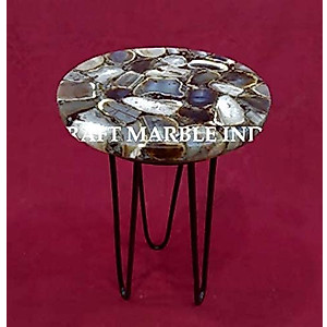 Natural Agate Table, Agate Table With Metal Stand, Round Agate Stone Table, Centerpiece, Agate Side Table 15" Inch