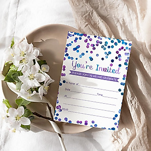 Purple Confetti Invitations with Envelopes (15 Pack) Invites for Girls Birthday, Baby Shower, Teens, Kids, Graduation, Any Party – Abstract Watercolor Dot Theme – Personalize Blank Cards 4x6 Set