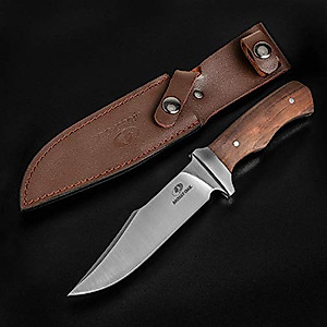Mossy Oak 11-inch Full-tang Fixed Blade Knife with Leather Sheath, Clip Point Blade and Wood Handle, for Outdoor Survival, Camping