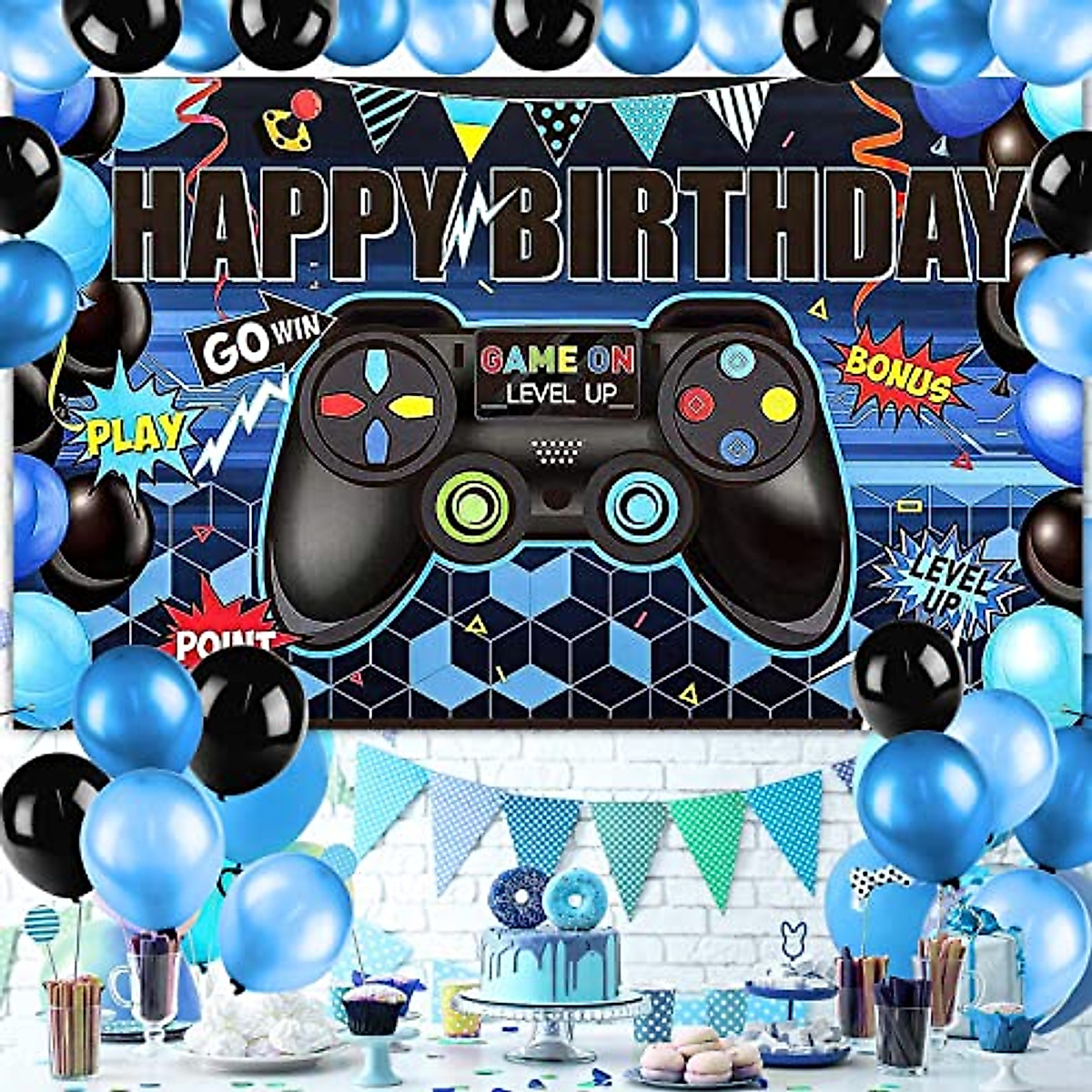 Party Spot! Video Game Party Decorations, Video Game Birthday Decorations For Boys, Gamer Birthday Decorations - Balloon Pump, Video Game Backdrop, Table Covers (Blue and Black)