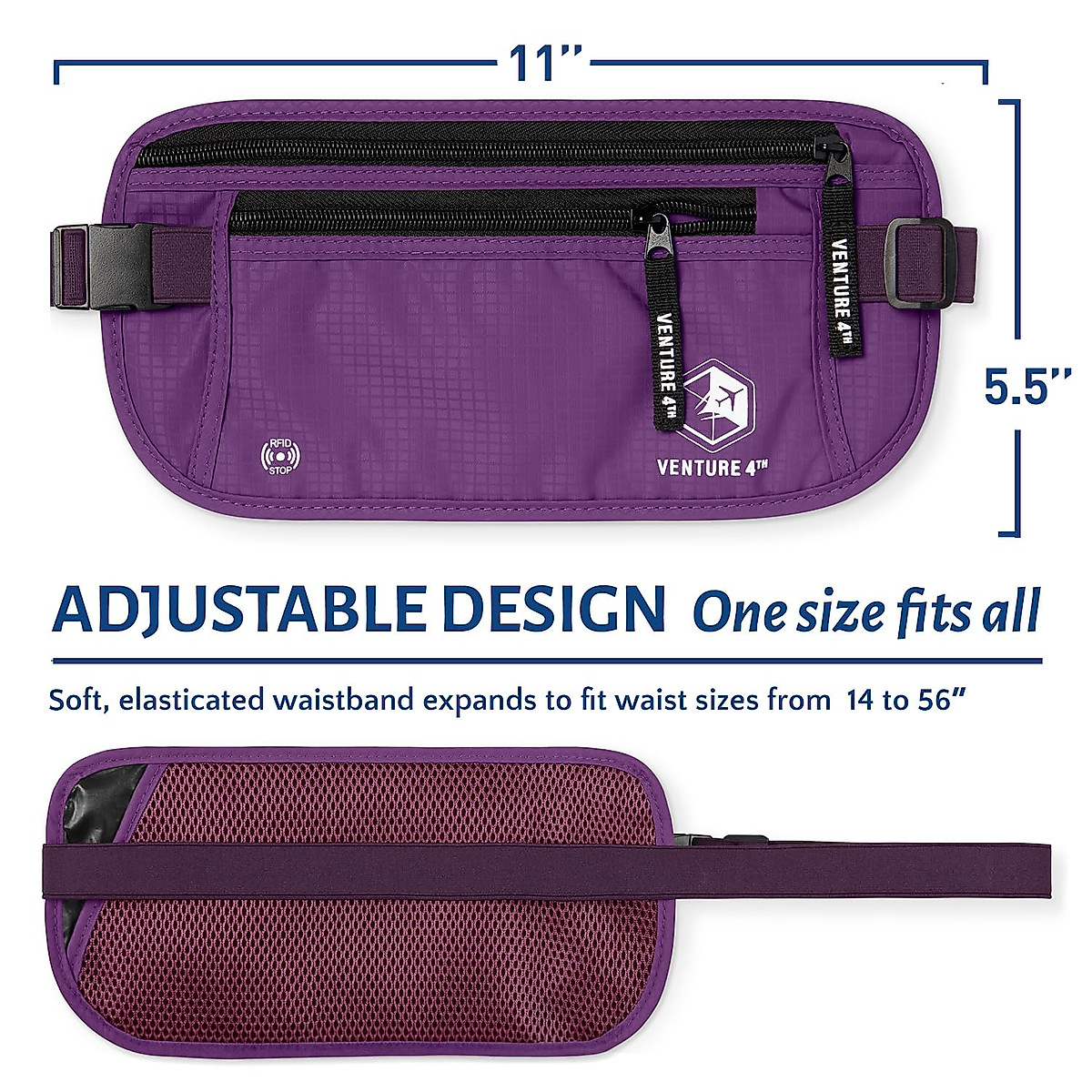 VENTURE 4TH RFID Money Belt for Girls - Hidden Passport Holder (Purple)
