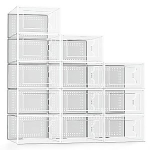 ENSNG Large 12 Pack Shoe Storage Organizer for Closet, Clear Plastic Stackable, Shoe Sneaker Containers