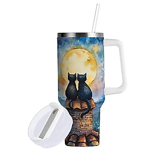 ODAWA Romantic Cats Moon Blue Travel Coffee Tumbler 40 Oz Drinking Cups with Lid and Straw