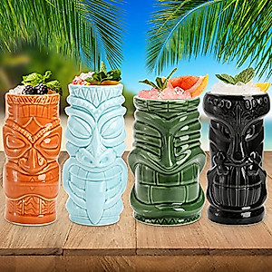 Peohud 4 Pack Ceramic Tiki Mugs, Hawaiian Party Mugs, 20/18/16 Oz Exotic Cocktail Glasses, Tiki Drinking Tumbler Cups for Mai Tai, Pina Colada, Tiki Bar Professional Barware
