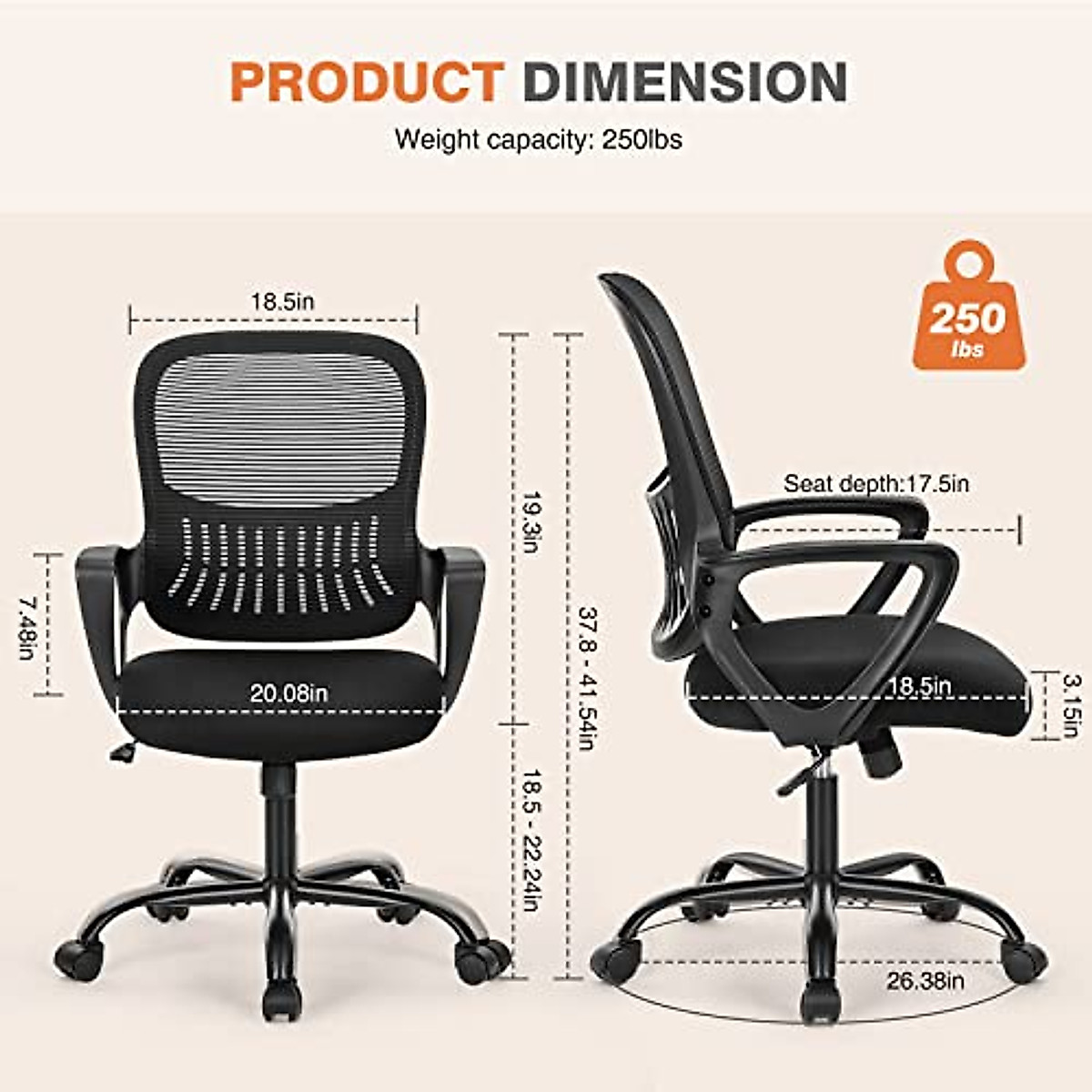 Office Chair, Desk Chair, Ergonomic Home Office Desk Chairs, Computer Gaming Chair with Comfortable Armrests, Mesh Desk Chairs with Wheels, Office Desk Chair, Mid-Back Task Chair with Lumbar Support