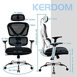 KERDOM Ergonomic Office Chair, Home Desk Chair, Comfy Breathable Mesh Task Chair, High Back Thick Cushion Computer Chair with Headrest and 3D Armrests, Adjustable Height Home Gaming Chair S-White