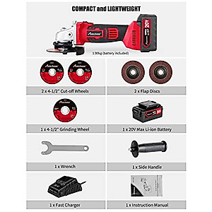 AVID POWER Cordless Angle Grinder with 4-pole Motor, 20V Cordless Grinders Tools w/4.0A Battery & Fast Charger, 4-1/2 Inch Grinding Wheels, Cutting Wheels, Flap Discs and Adjustable Auxiliary Handle