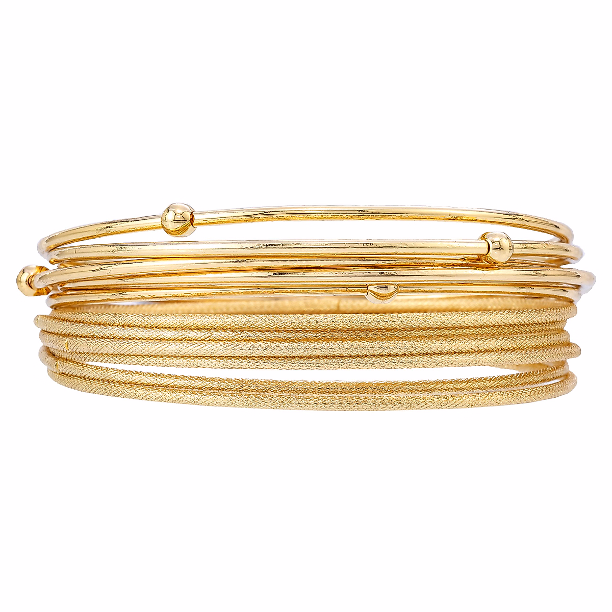 Madison Tyler Gold Plated Stackable Bangles, 5 piece of Smooth Bangles with Ball Pattern & 6 Piece of Textured Bangles.