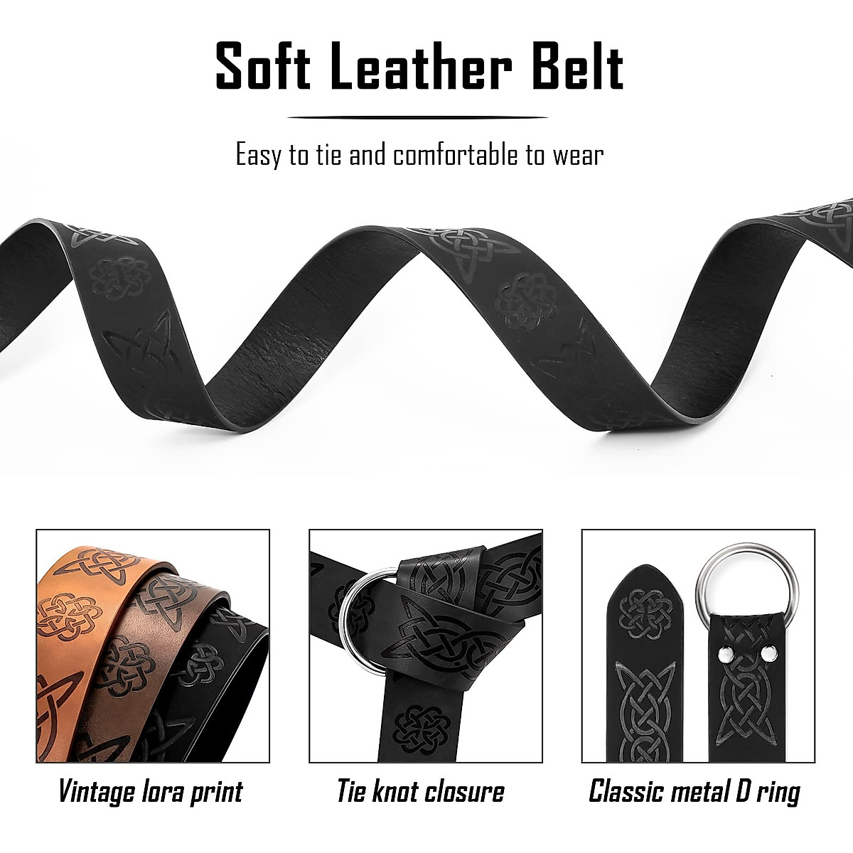 XZQTIVE Medieval Vintage Belt for Men Embossed Leather Renaissance Knight Belt O Ring Costume Belts