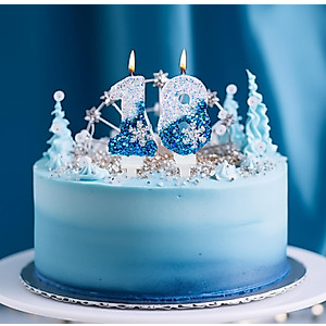 Blue Birthday Candles 3, Blue and White Glitter Birthday Number 3 Candles with Snowflake Party Supplies