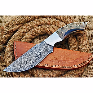 HUNTEX Handmade Hand-Forged Twist Pattern Damascus Steel 9 Inch Long Full Tang Natural Ram Horn Handle Razor Sharp Hunting Camping Boot Knife w/Genuine Leather Pouch