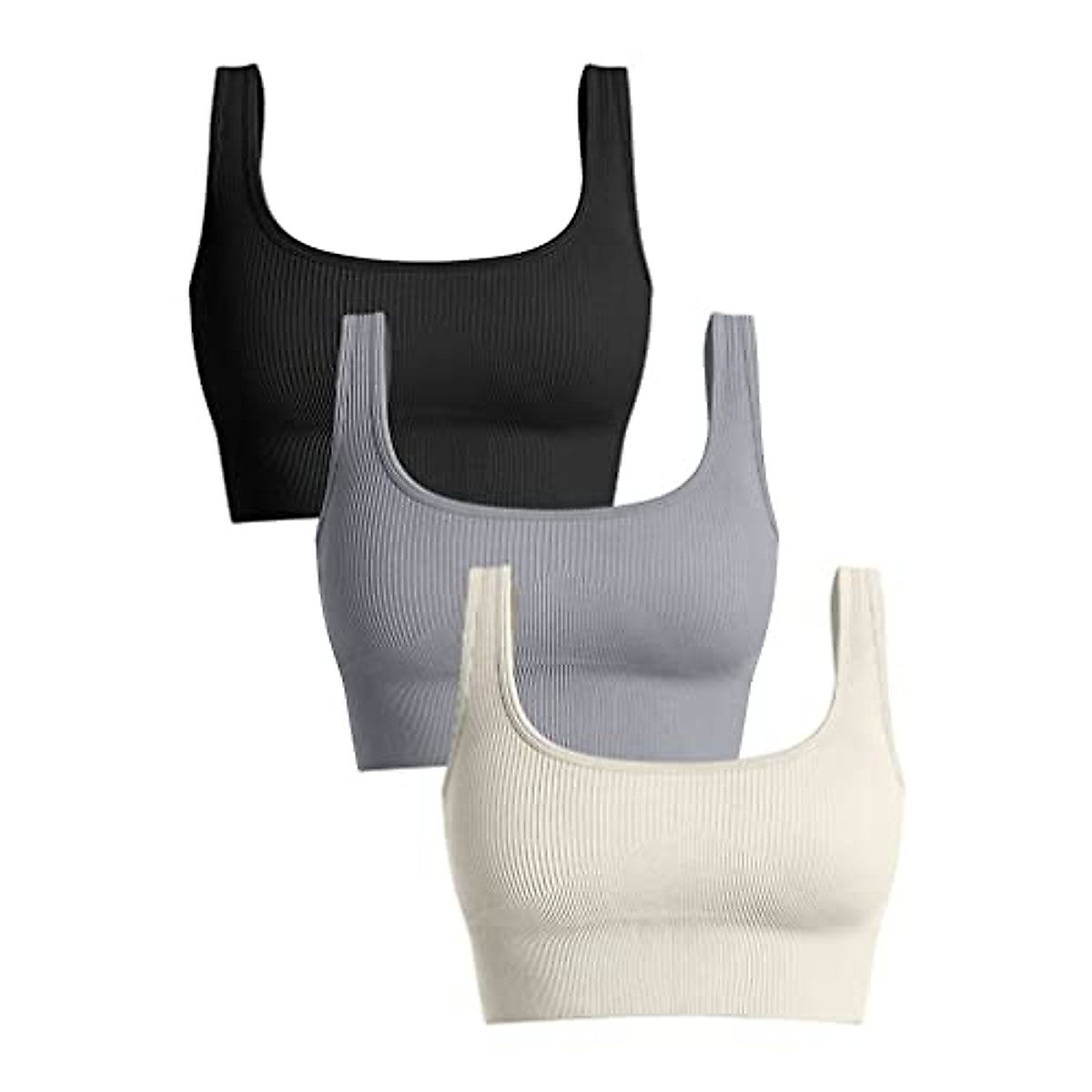 OQQ Women's 3 Piece Medium Support Tank Top Ribbed Seamless Removable Cups Workout Exercise Sport Bra Black Grey Beige