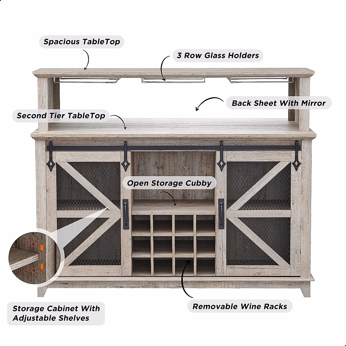 OKD Farmhouse Coffee Bar Cabinet with LED Lights, 55" Wine Bar w/Sliding Barn Door & Wine and Glass Rack, Kitchen Buffet Cabinet w/Storage Shelves for Dining Room,Light Rustic Oak
