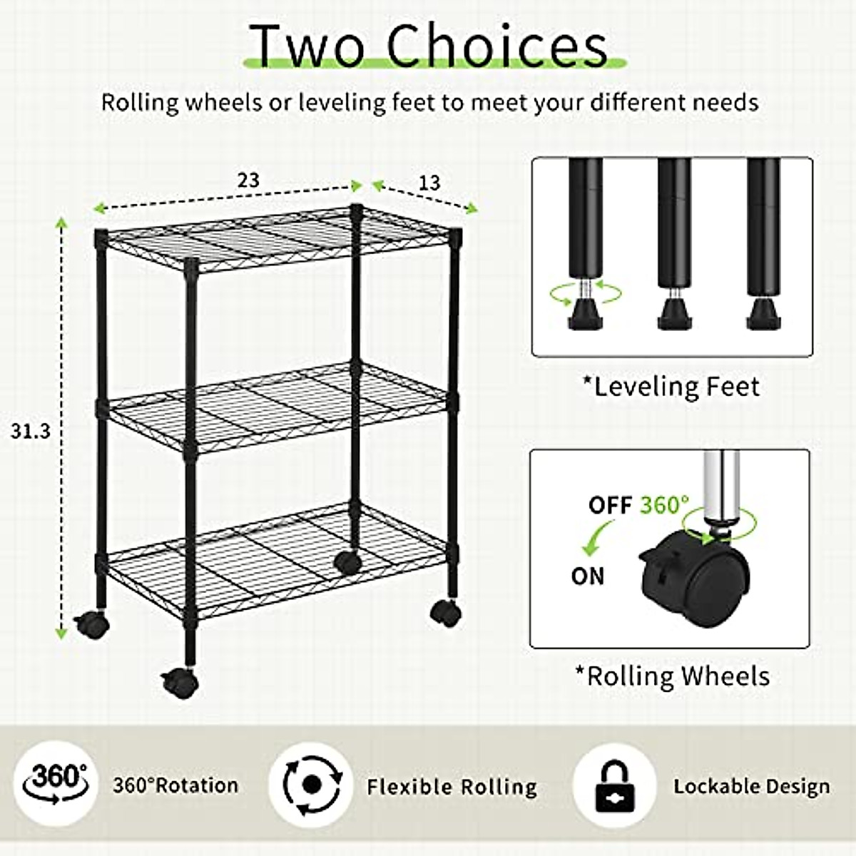 YYkokocat Wire Shelving 32" H x 23W x 13D Storage Shelf with Wheels Adjustable 3 Tier Metal Shelves Unit for Small Places Kitchen Storage Rack Shelf Organizer, 450Lbs Capacity, Black