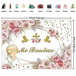 7x5ft Mi Bautizo Backdrop for Girl Baptism Gold Bless Background Boho Pink Flower Golden Dots Photography Baby Shower Banner Party Decorations Floral Newborn Photo Booth Props Supplies