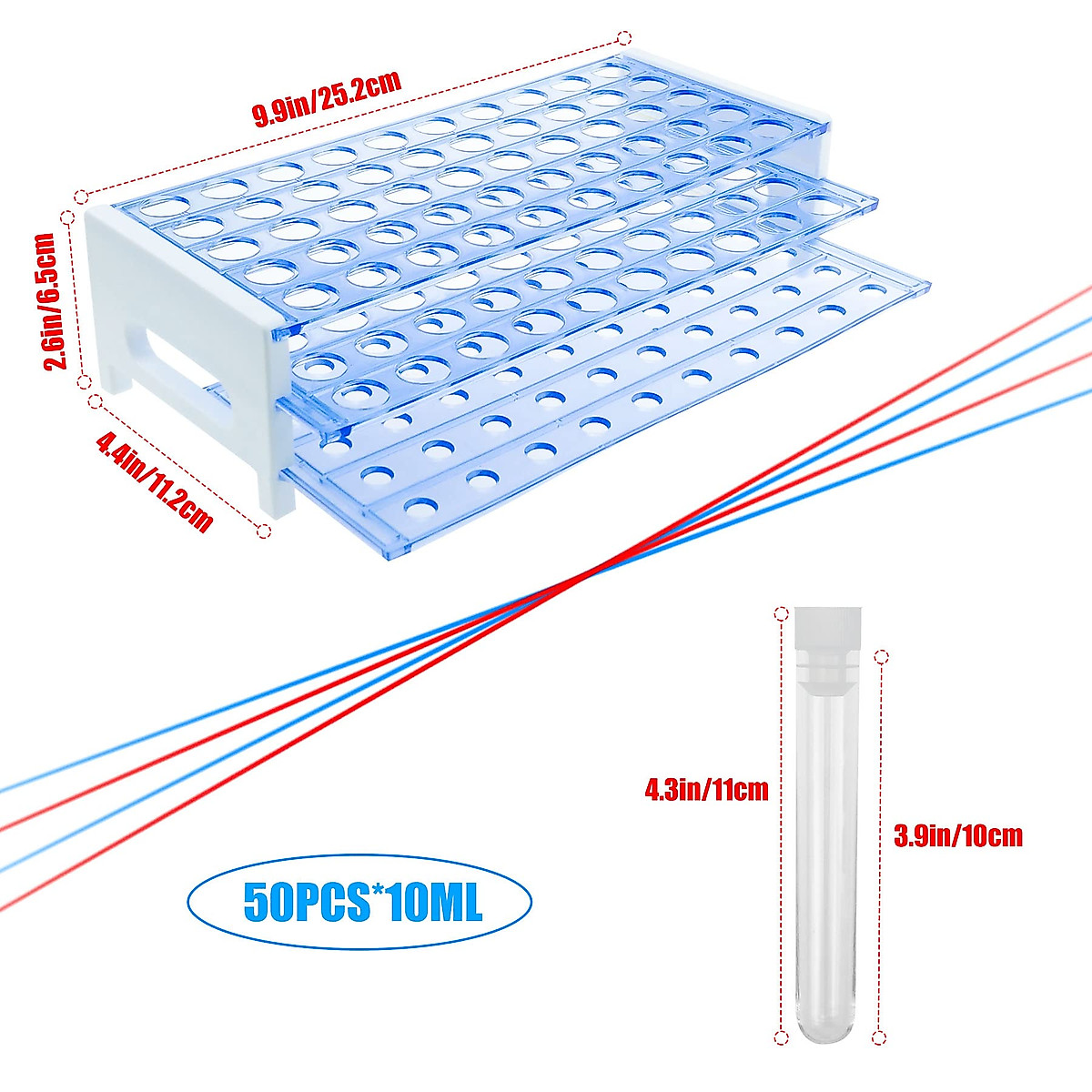 50 Pcs Test Tubes with Test Tube Rack 16x100mm (10ml) Plastic Test Tubes with Caps for Scientific Experiments Party Decoration Liquid Storage Candy Storage