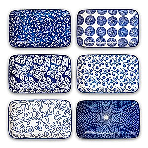 Selamica Ceramic 8 inch Rectangular Salad Plates, Dinner Plates, Pasta Dessert Plates Serving Trays for Appetizer, Sushi, Fruit - Microwave/oven/Dishwasher Safe, Set of 6, Vintage Blue